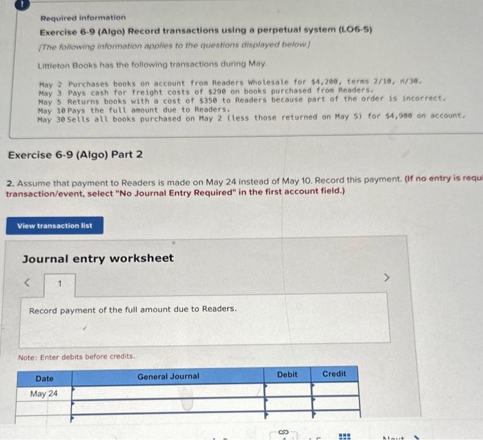Solved Required information Exercise 6.9 (Algo) Record | Chegg.com