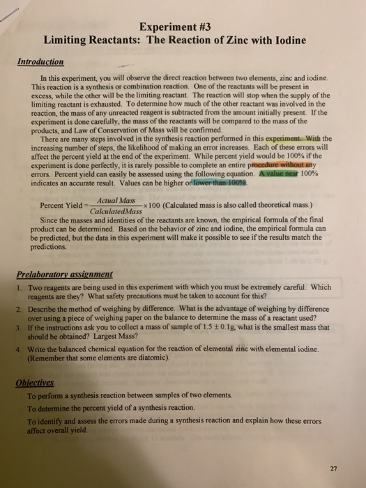 Experiment #3 Limiting Reactants: The Reaction of | Chegg.com
