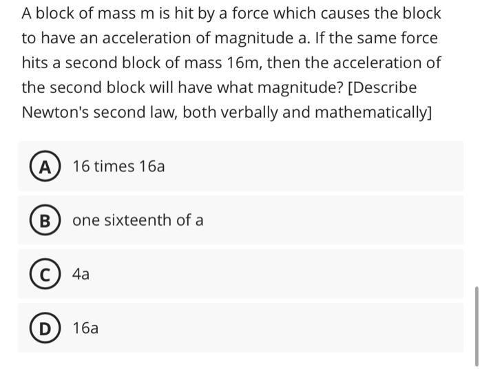 Solved A block of mass m is hit by a force which causes the | Chegg.com