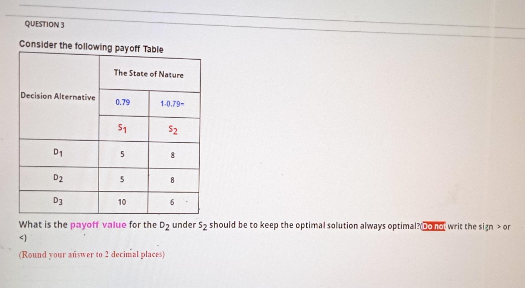 Solved QUESTION 3 Consider the following payoff Table | Chegg.com
