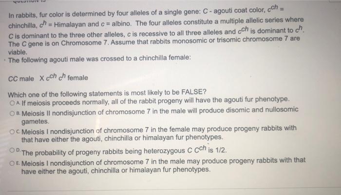 Solved In rabbits, fur color is determined by four alleles | Chegg.com