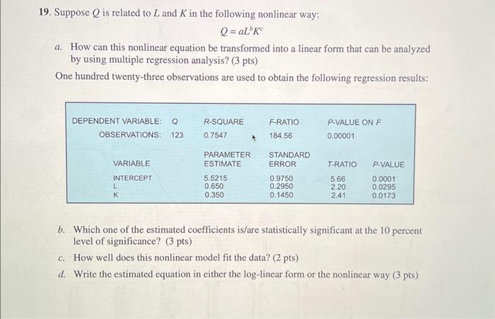 Solved 19. Suppose Q is related to L and K in the following | Chegg.com