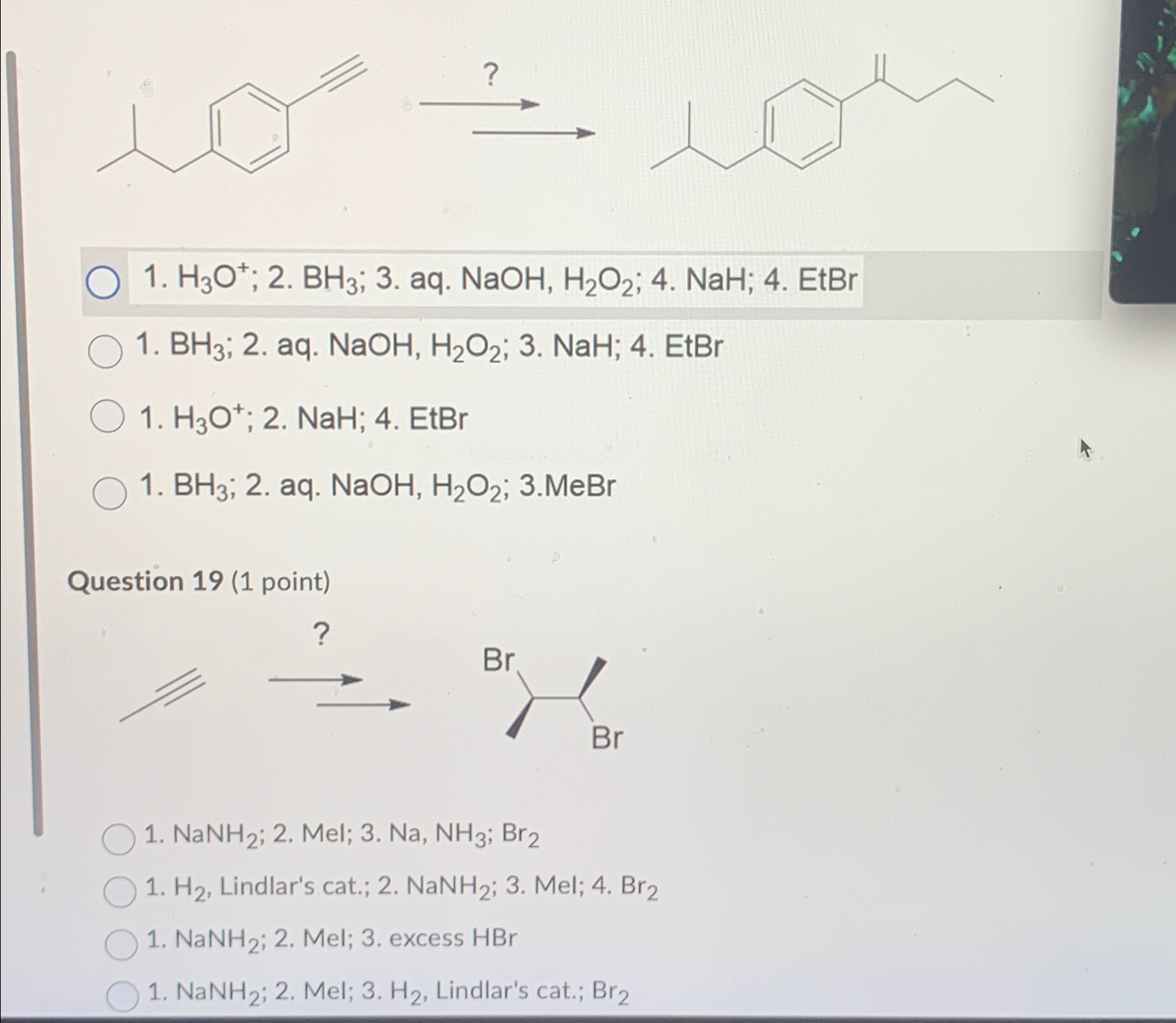 Solved H3O+;2. BH3; 3. ﻿aq. ﻿NaOH,H2O2;4.NaH;4. ﻿EtBrBH3;2. | Chegg.com