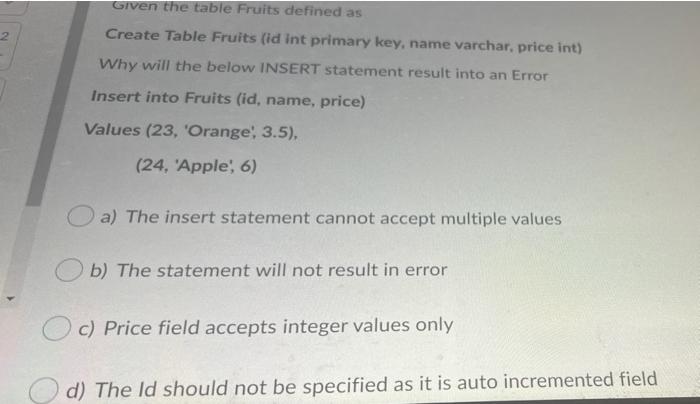 Solved 2 Given the table Fruits defined as Create Table | Chegg.com