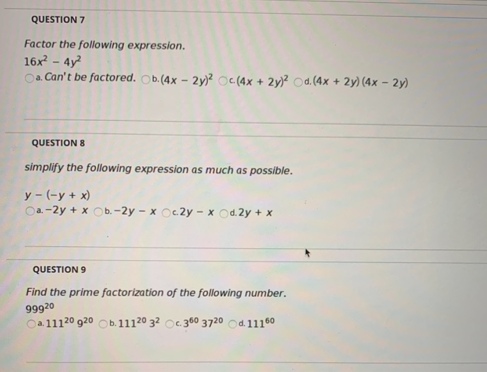 Solved QUESTION 7 Factor the following expression. 16x2 - | Chegg.com