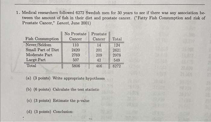 Solved Medical researchers followed 6272 Swedish men for 30 | Chegg.com