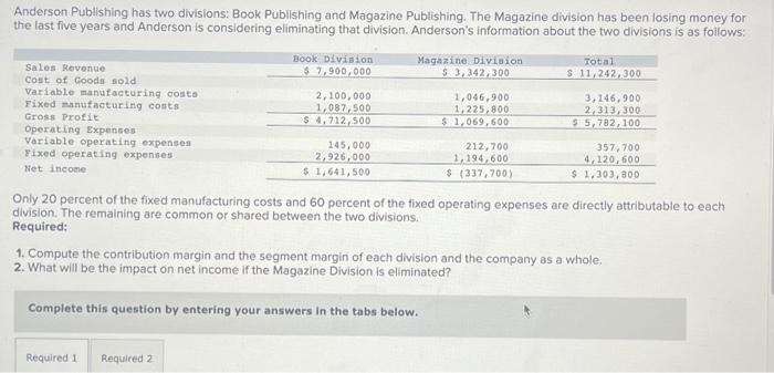 Solved Anderson Publishing has two divisions: Book | Chegg.com
