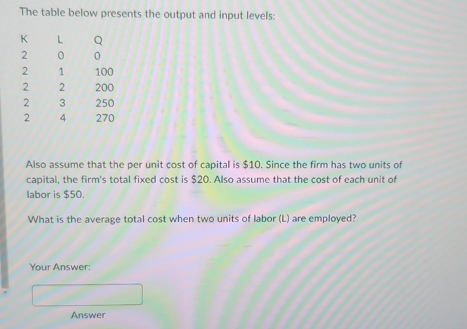 The table below presents the output and input levels: | Chegg.com