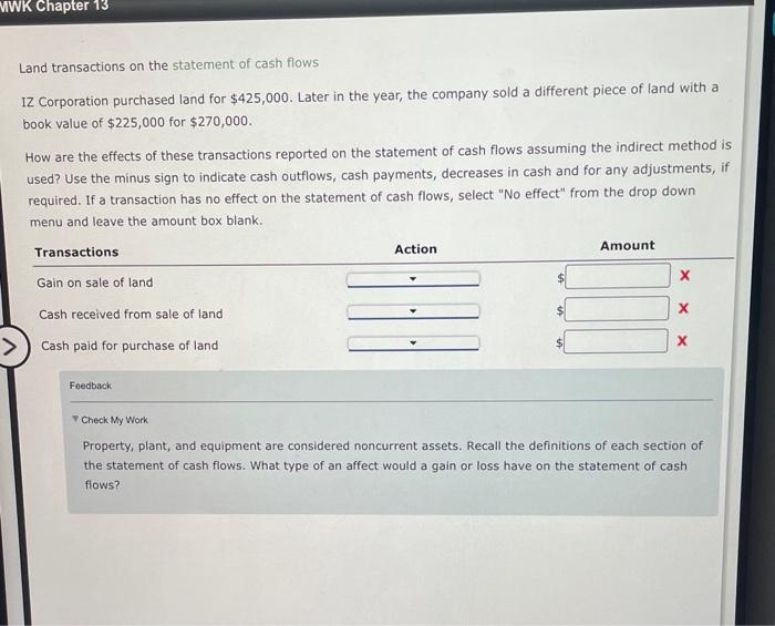 Solved Land transactions on the statement of cash flows IZ | Chegg.com