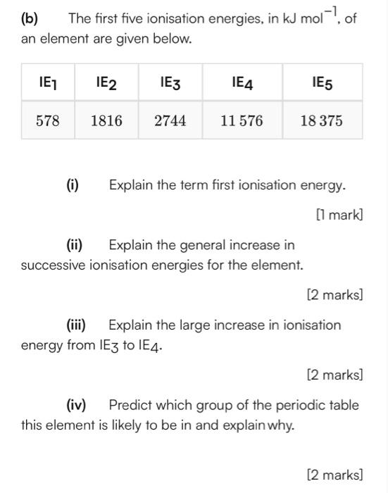 Solved (b) The first five ionisation energies, in kJmol−1, | Chegg.com