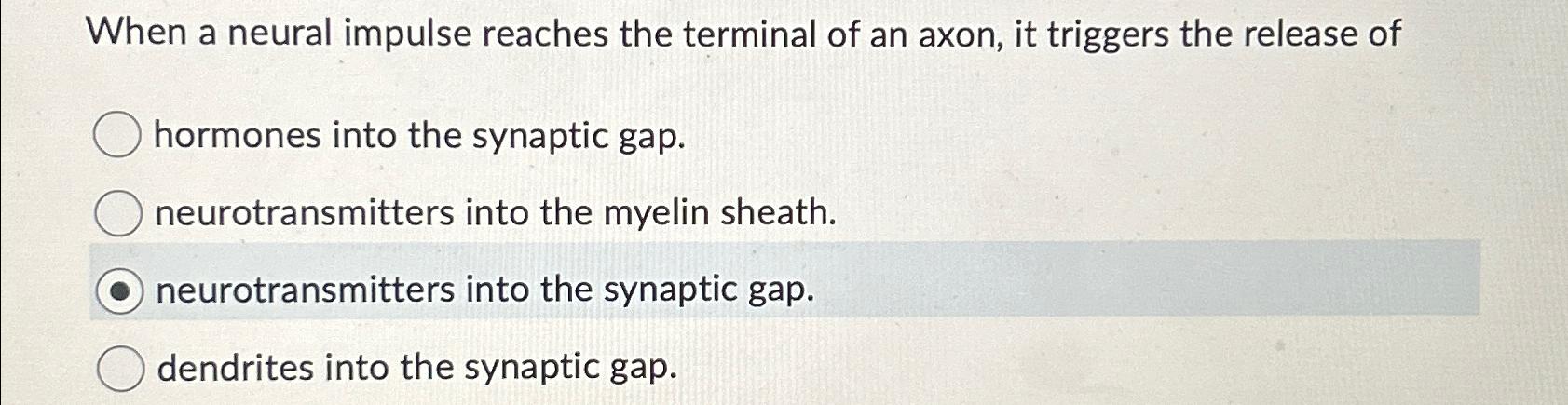 Solved When a neural impulse reaches the terminal of an | Chegg.com