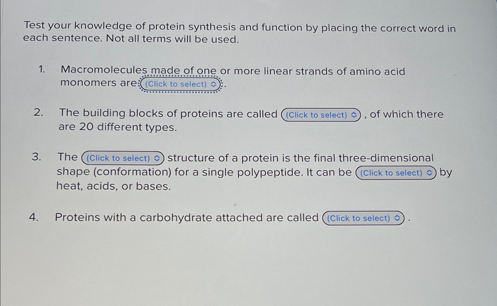 Solved Test your knowledge of protein synthesis and function | Chegg.com