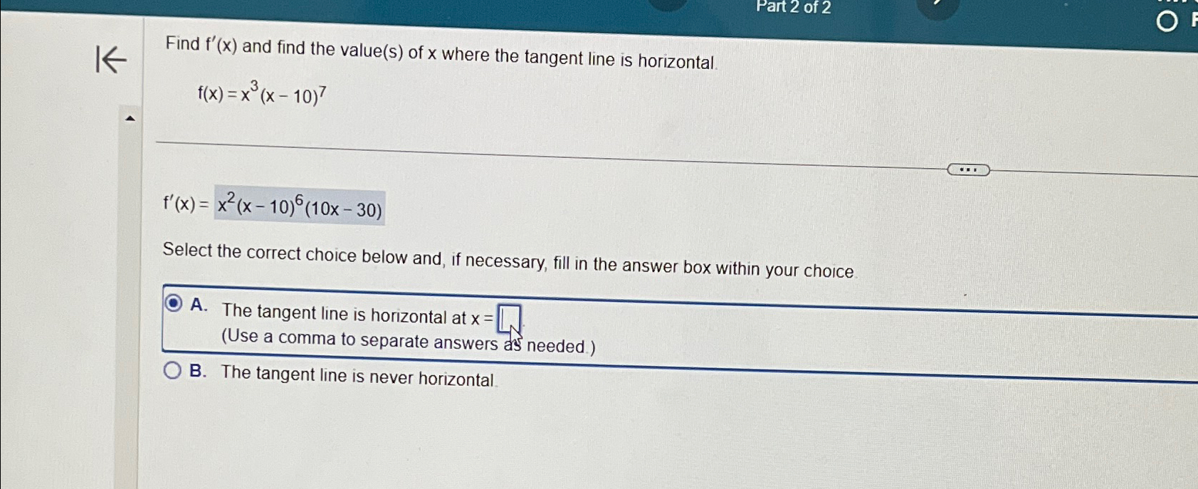 Solved Part 2 ﻿of 2Find f'(x) ﻿and find the value(s) ﻿of x | Chegg.com