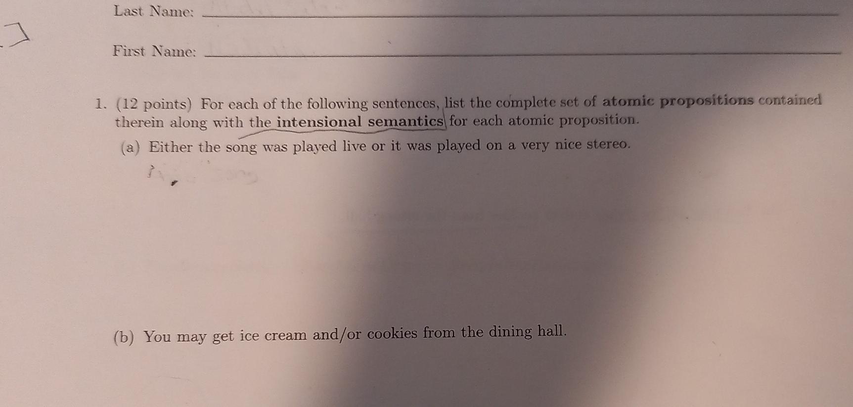 Solved Last Name: First Name: 1. (12 points) For each of the | Chegg.com