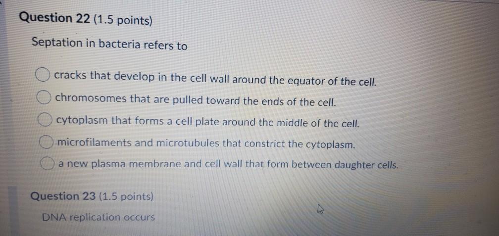 Solved Question 22 (1.5 points) Septation in bacteria refers | Chegg.com