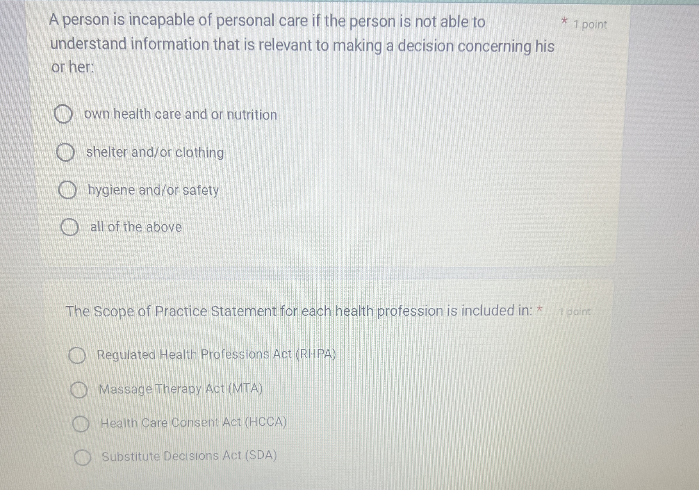 Solved A person is incapable of personal care if the person | Chegg.com