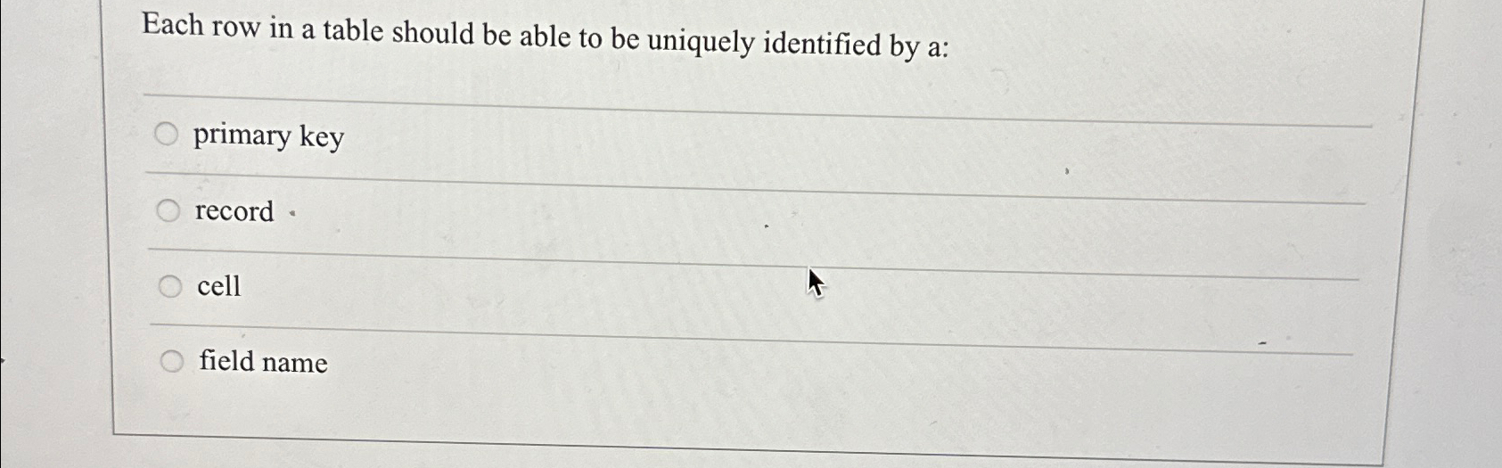 Solved Each row in a table should be able to be uniquely | Chegg.com