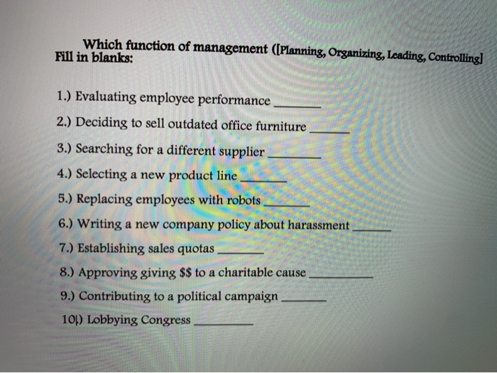 Solved Which function of management ((Planning, Organizing, | Chegg.com