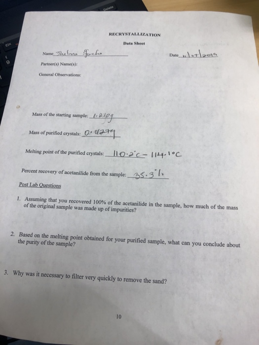 Solved RECRYSTALLIZATION Data Sheet Name Thelma Torcho Dato | Chegg.com