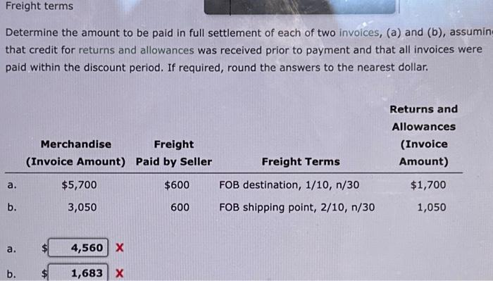 Solved Freight terms Determine the amount to be paid in full | Chegg.com