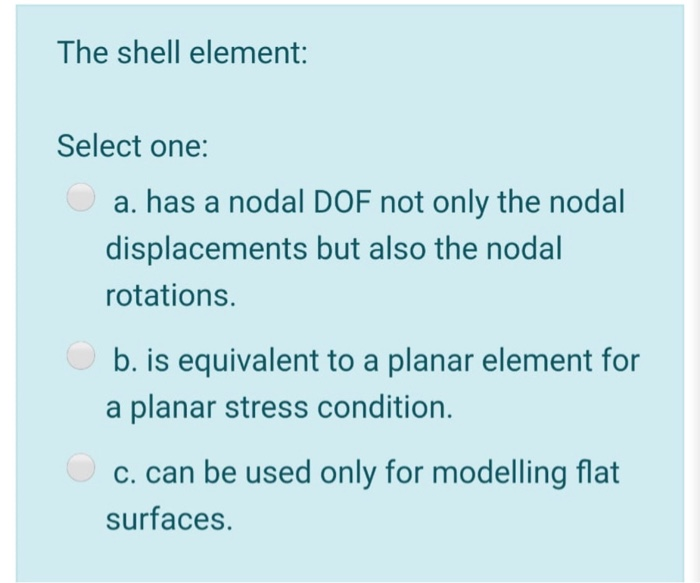 Solved The shell element: Select one: a. has a nodal DOF not | Chegg.com