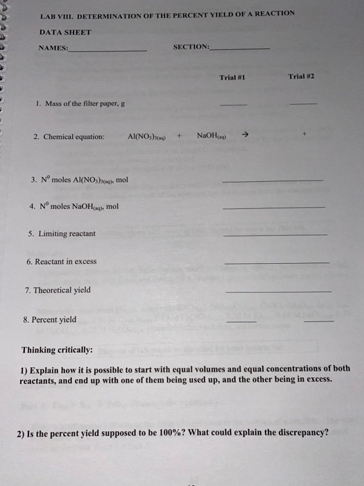 LAB VIII. DETERMINATION OF THE PERCENT YIELD OF A | Chegg.com