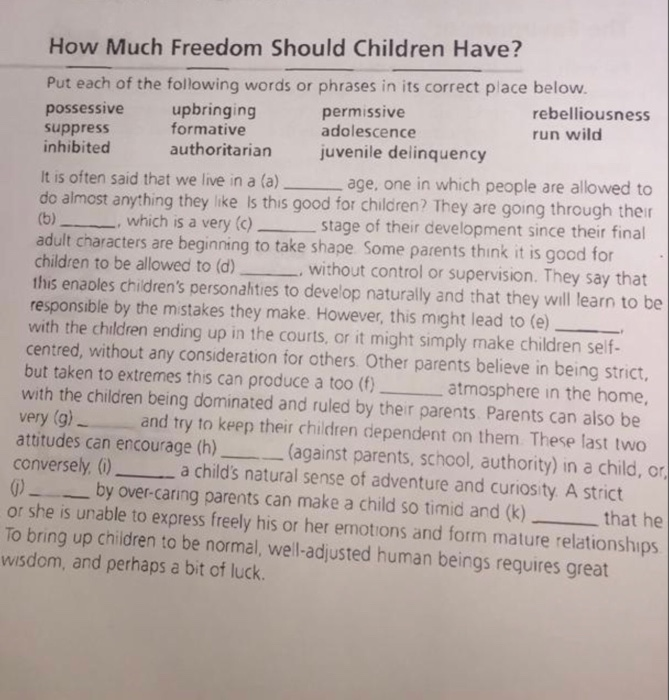 Solved How Much Freedom Should Children Have? Put each of | Chegg.com