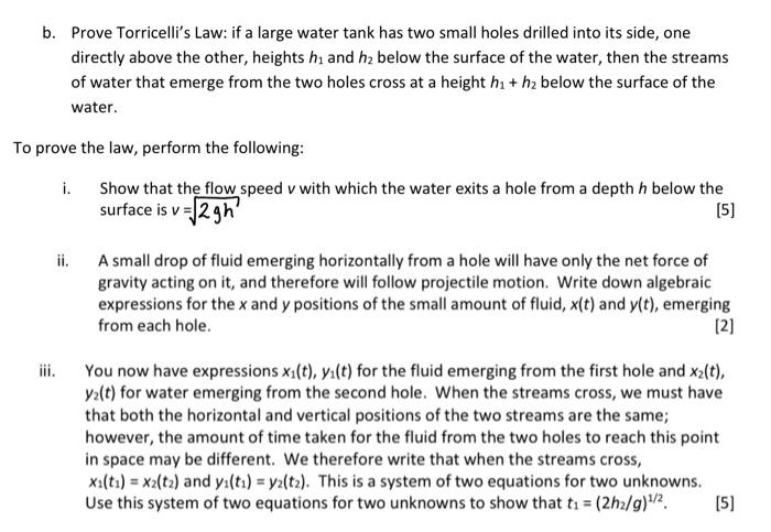 Solved Prove Torricelli's Law: if a large water tank has two | Chegg.com