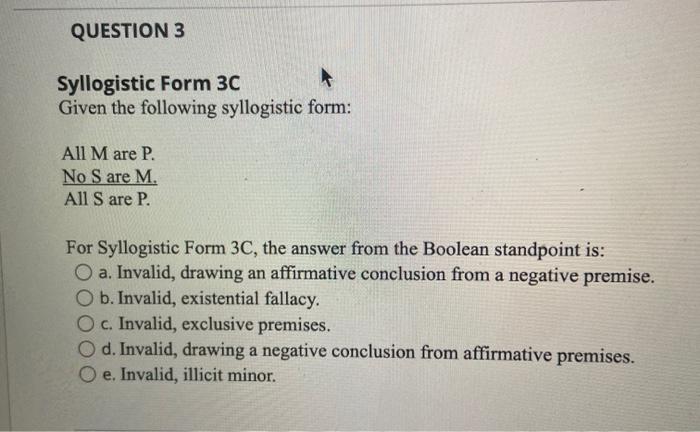 Solved QUESTION 3 Syllogistic Form 3C Given the following | Chegg.com