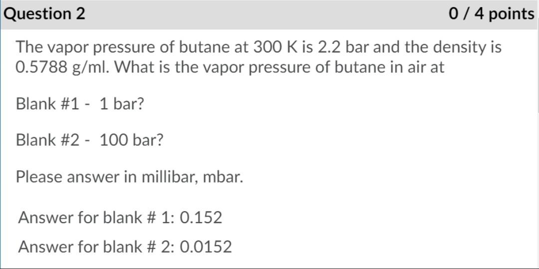 Solved Question 2 0 / 4 points The vapor pressure of butane | Chegg.com
