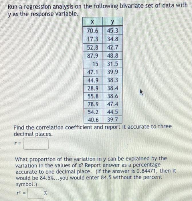 Solved Run a regression analysis on the following bivariate | Chegg.com