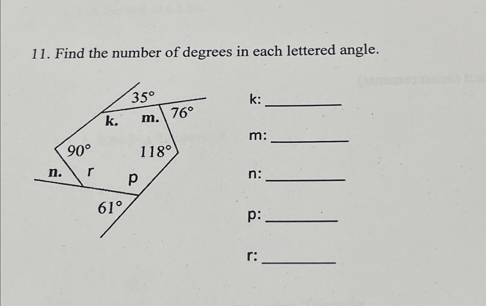 Solved Find the number of degrees in each lettered angle.k:m | Chegg.com