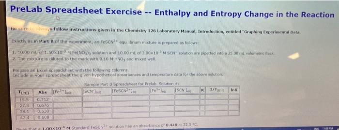 Solved PreLab Spreadsheet Exercise Enthalpy and Entropy | Chegg.com