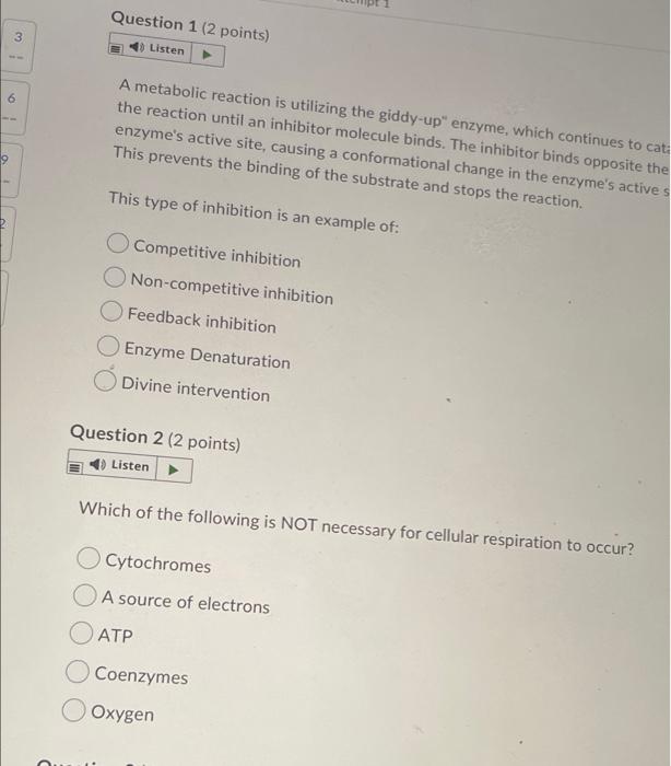 Solved Question 1 (2 points) 3 Listen 6 A metabolic reaction | Chegg.com