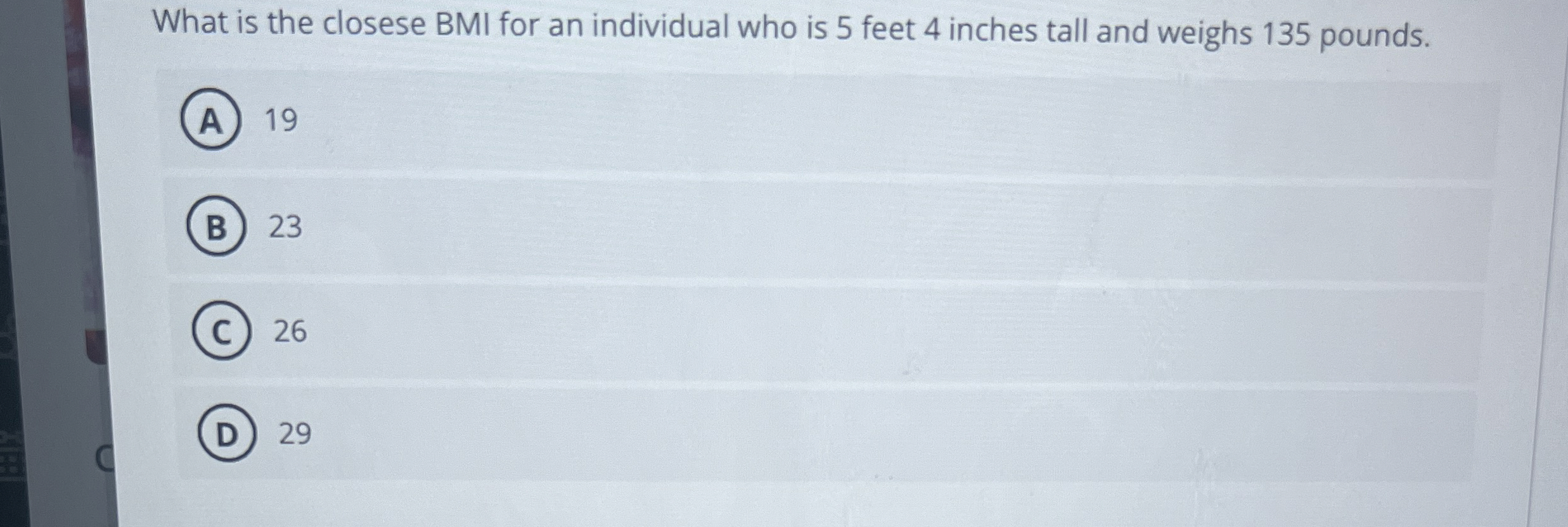 Solved What is the closese BMI for an individual who is 5 | Chegg.com