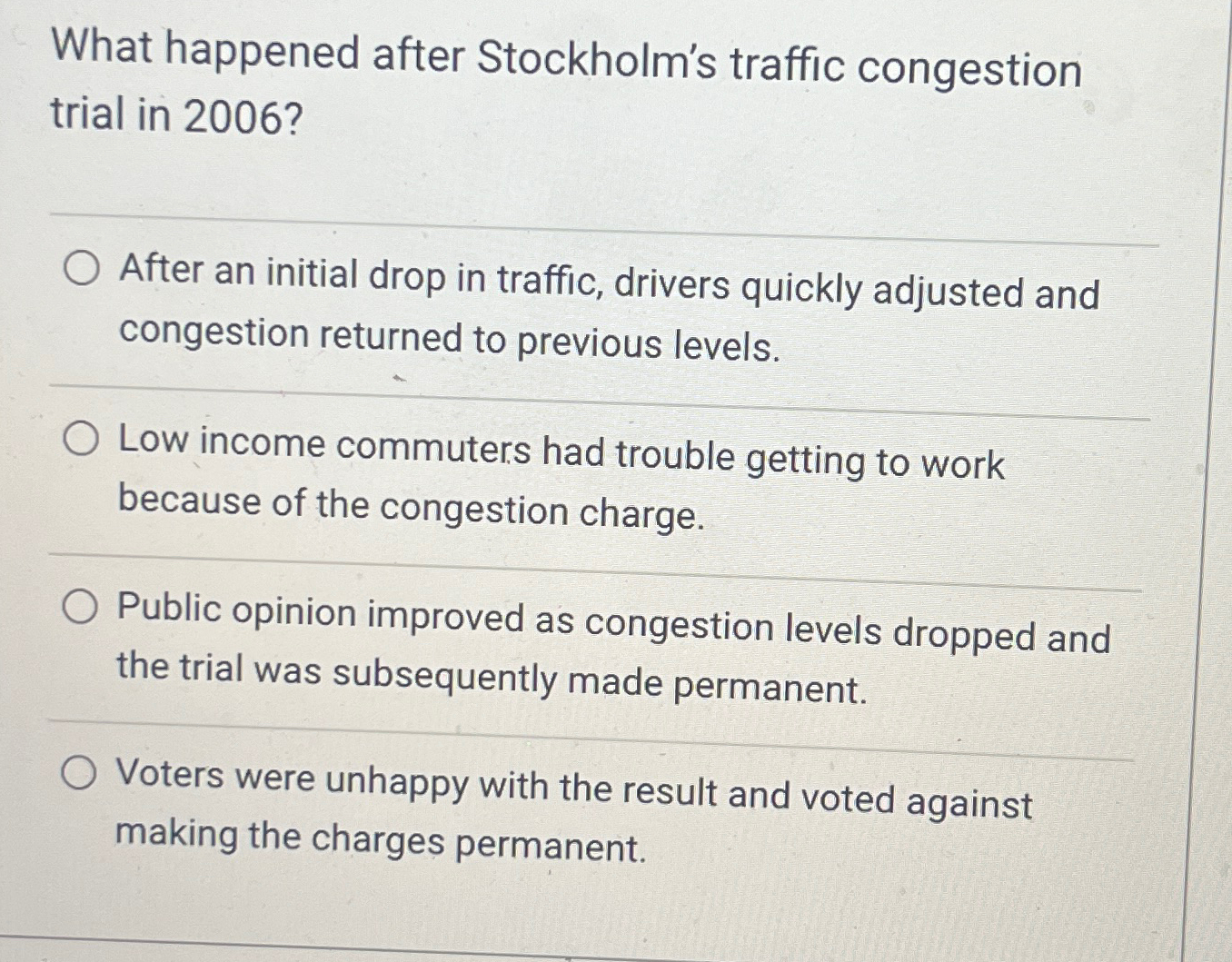 Solved What happened after Stockholm's traffic congestion | Chegg.com