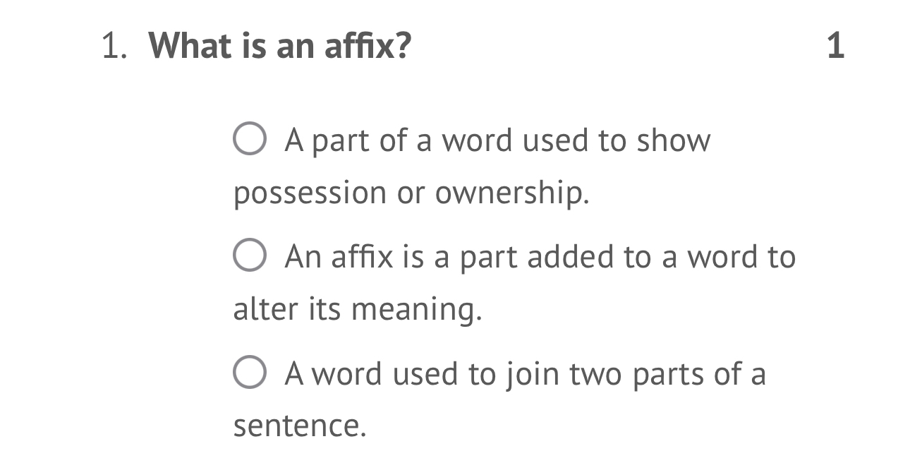 Solved What is an affix?1A part of a word used to show | Chegg.com