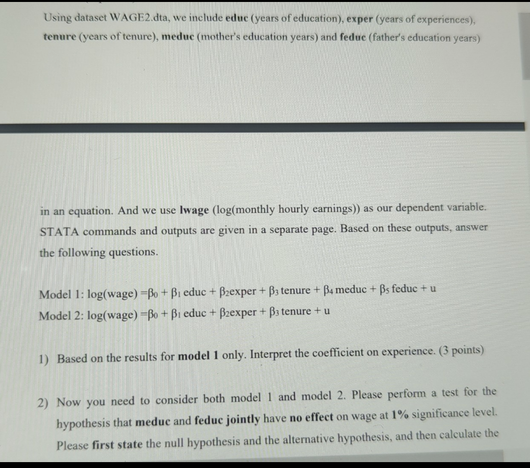 Solved Model 2: regress lwage educ exper tenure Source SS df | Chegg.com