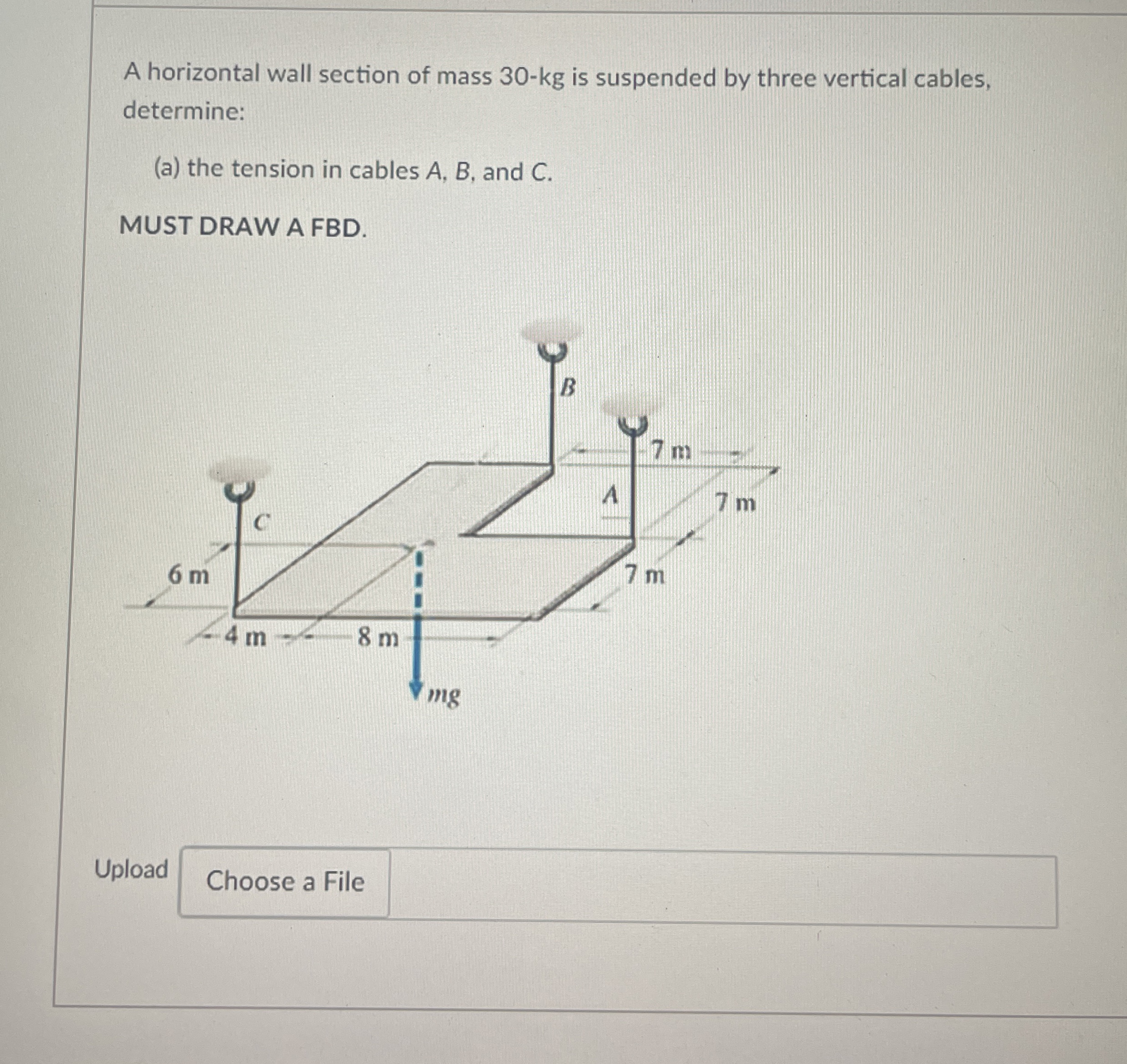 Solved A horizontal wall section of mass 30-kg ﻿is suspended | Chegg.com