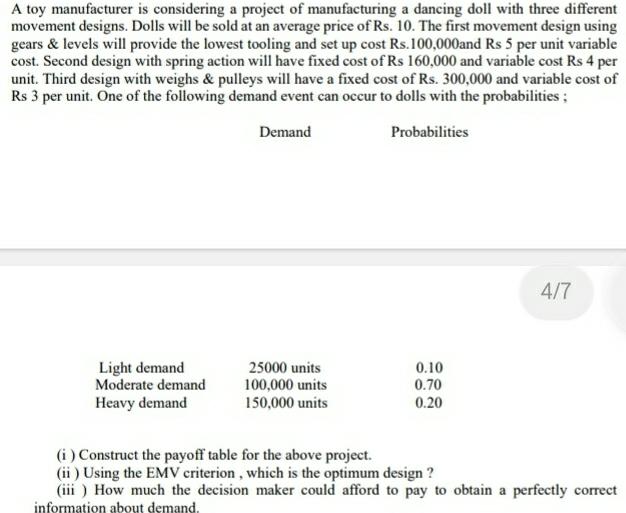 Solved A toy manufacturer is considering a project of | Chegg.com
