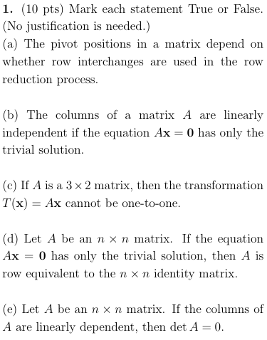 Solved (10 ﻿pts) ﻿Mark each statement True or False.(No | Chegg.com