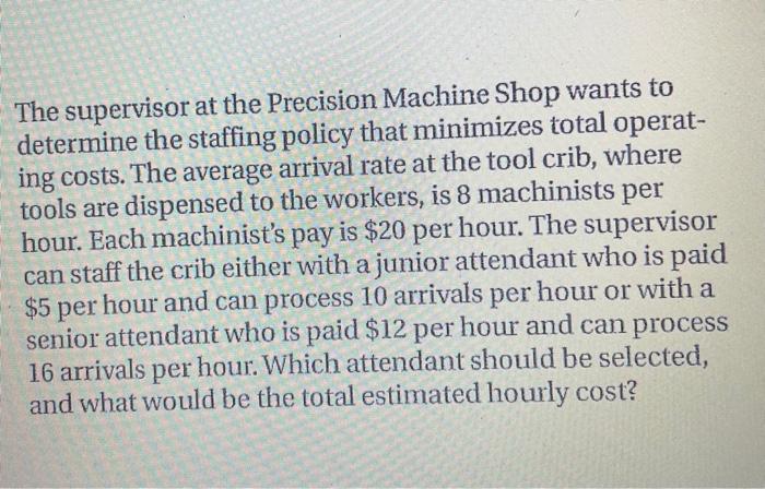 Solved The supervisor at the Precision Machine Shop wants to | Chegg.com