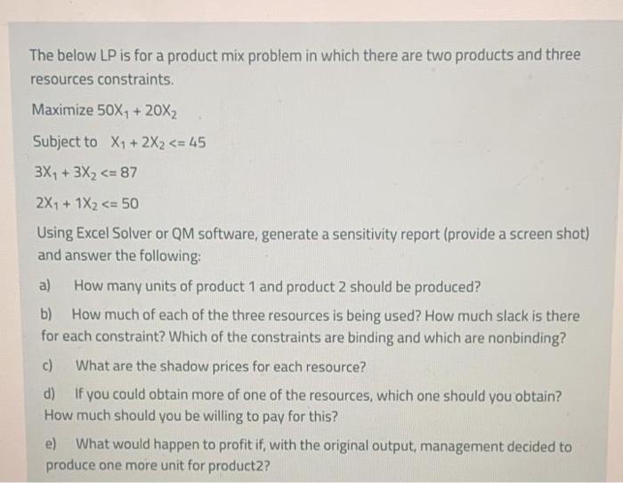 Solved The below LP is for a product mix problem in which | Chegg.com