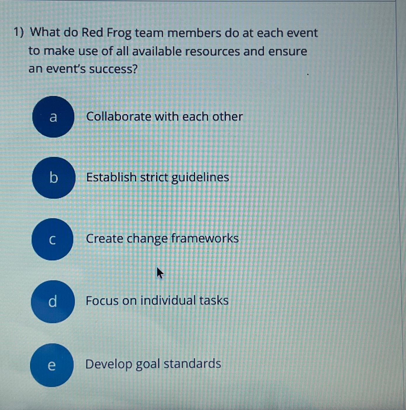 Solved What do Red Frog team members do at each event to | Chegg.com