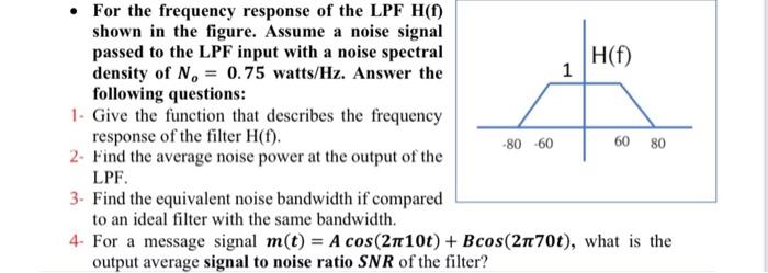 Solved For the frequency response of the LPF H(1) shown in | Chegg.com