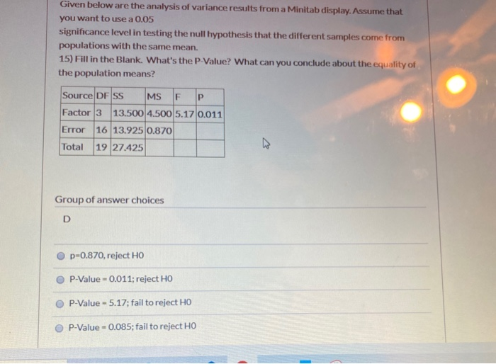 Solved Given below are the analysis of variance results from | Chegg.com