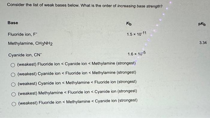 [Solved]: Consider the list of weak bases below. What is th