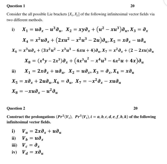 Question 1 20 Consider the all possible Lie brackets | Chegg.com