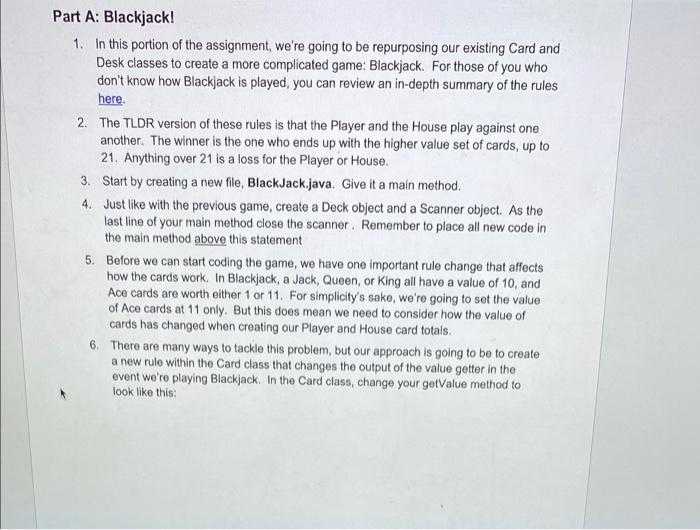 Solved Part A: Blackjack! 1. In this portion of the | Chegg.com