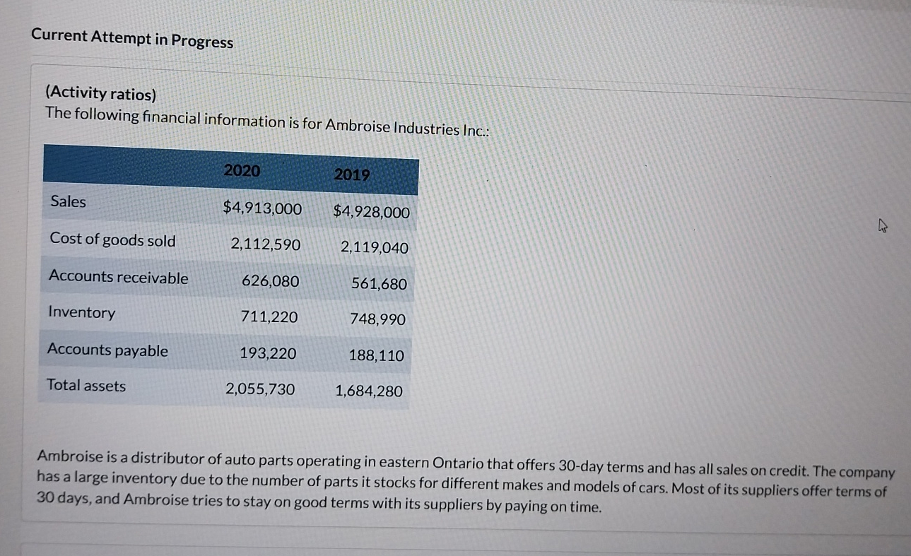 Solved Current Attempt in Progress(Activity ratios)The | Chegg.com